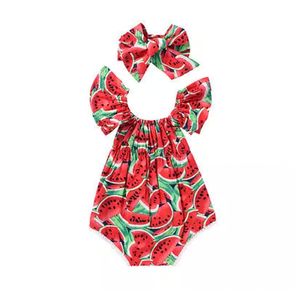 WATERMELON Red Romper with Headband - Hazel & Bo